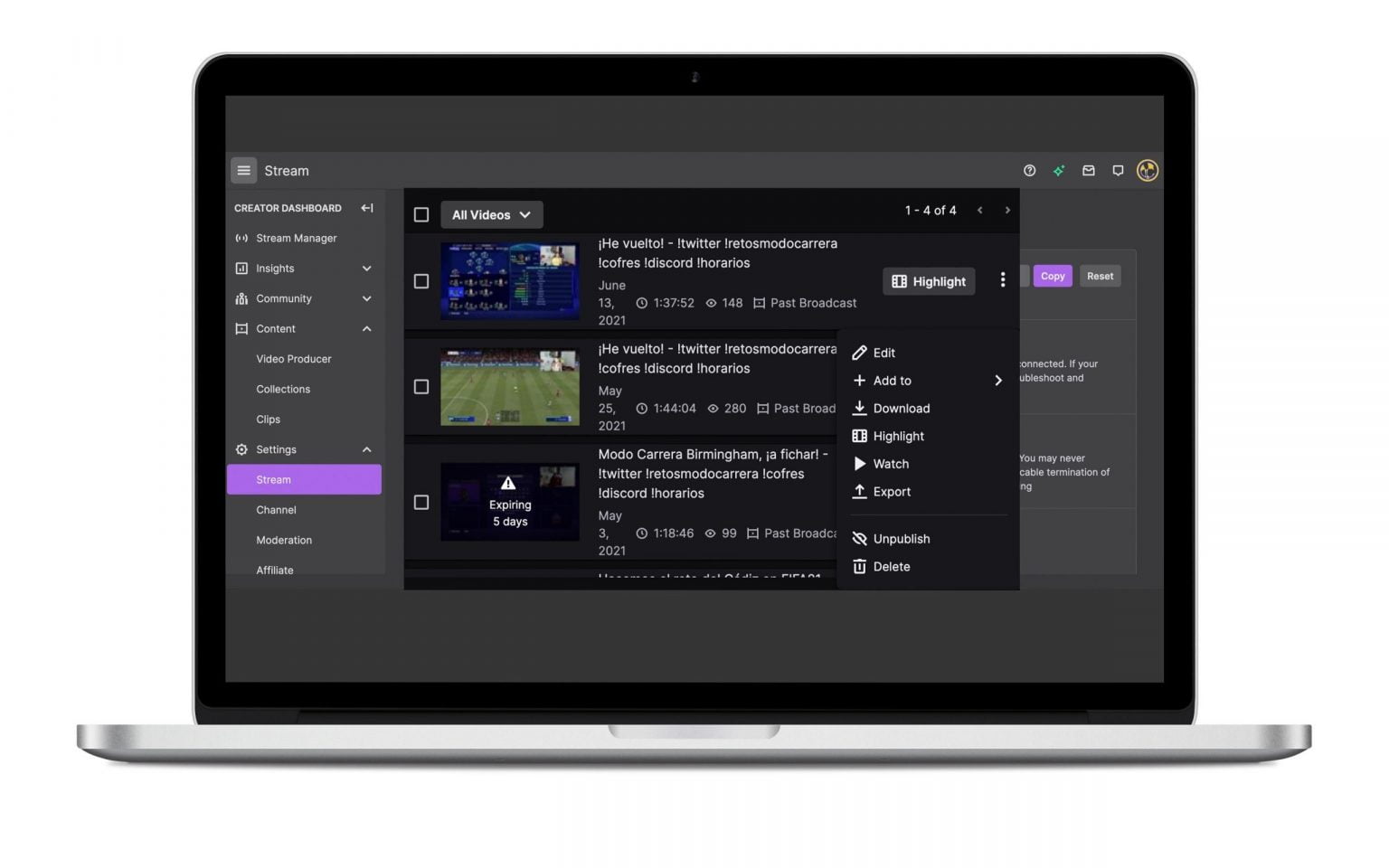 How to delete a stream from Twitch