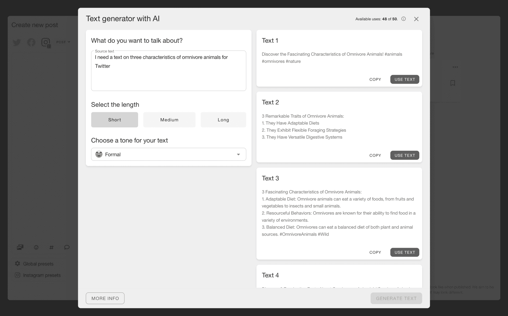 Generate social media copy with Metricool's AI feature