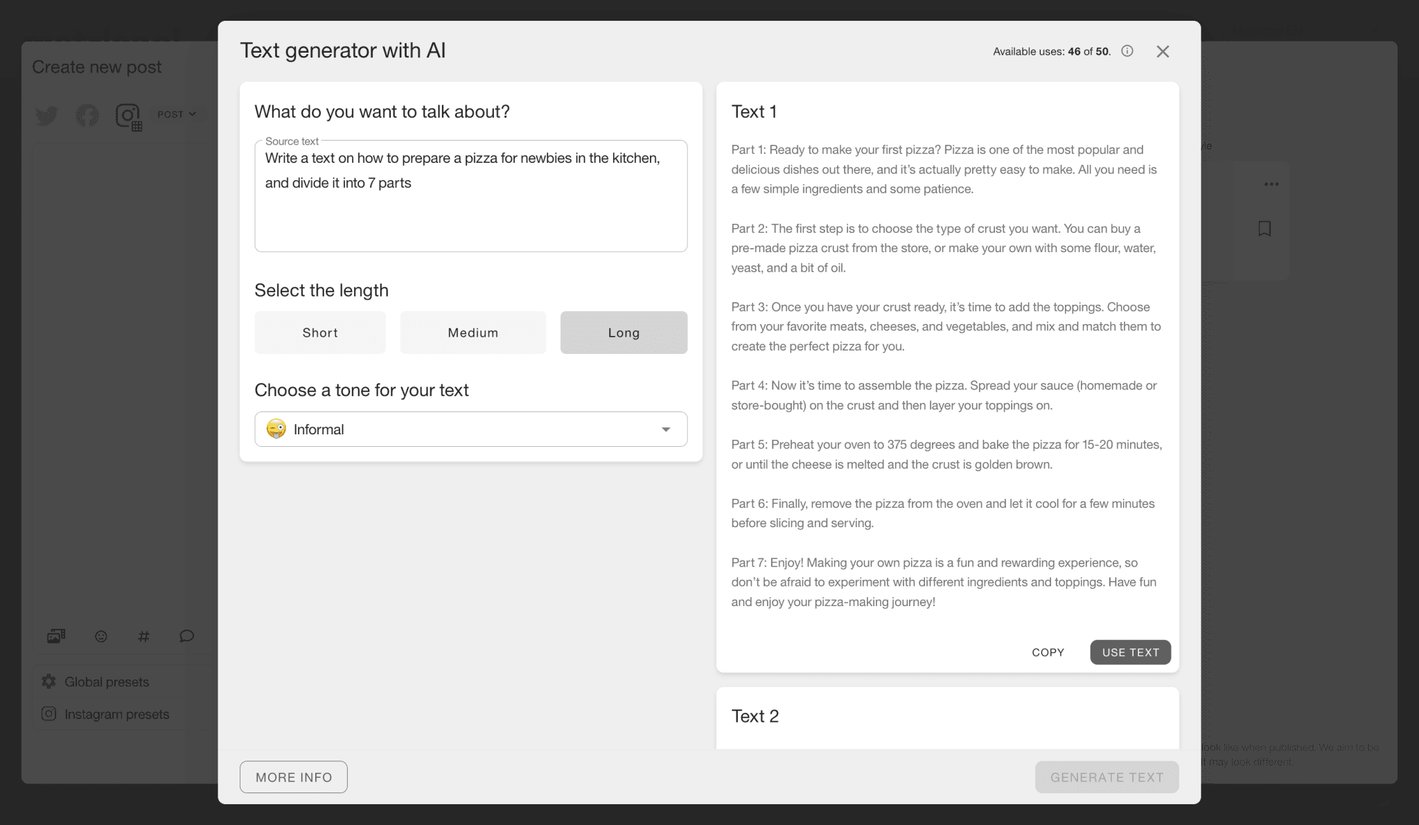 Generate social media copy with Metricool's AI feature
