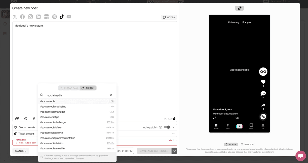 Metricool TikTok hashtag search engine