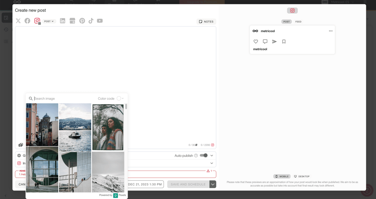 Metricool’s stock images for your posts