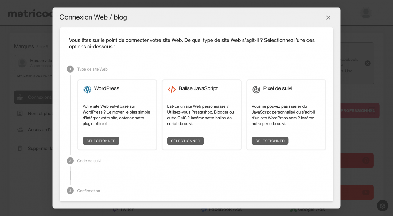 Intégrer Metricool Metricool à Wordpress, Shopify, Joomla o Wix