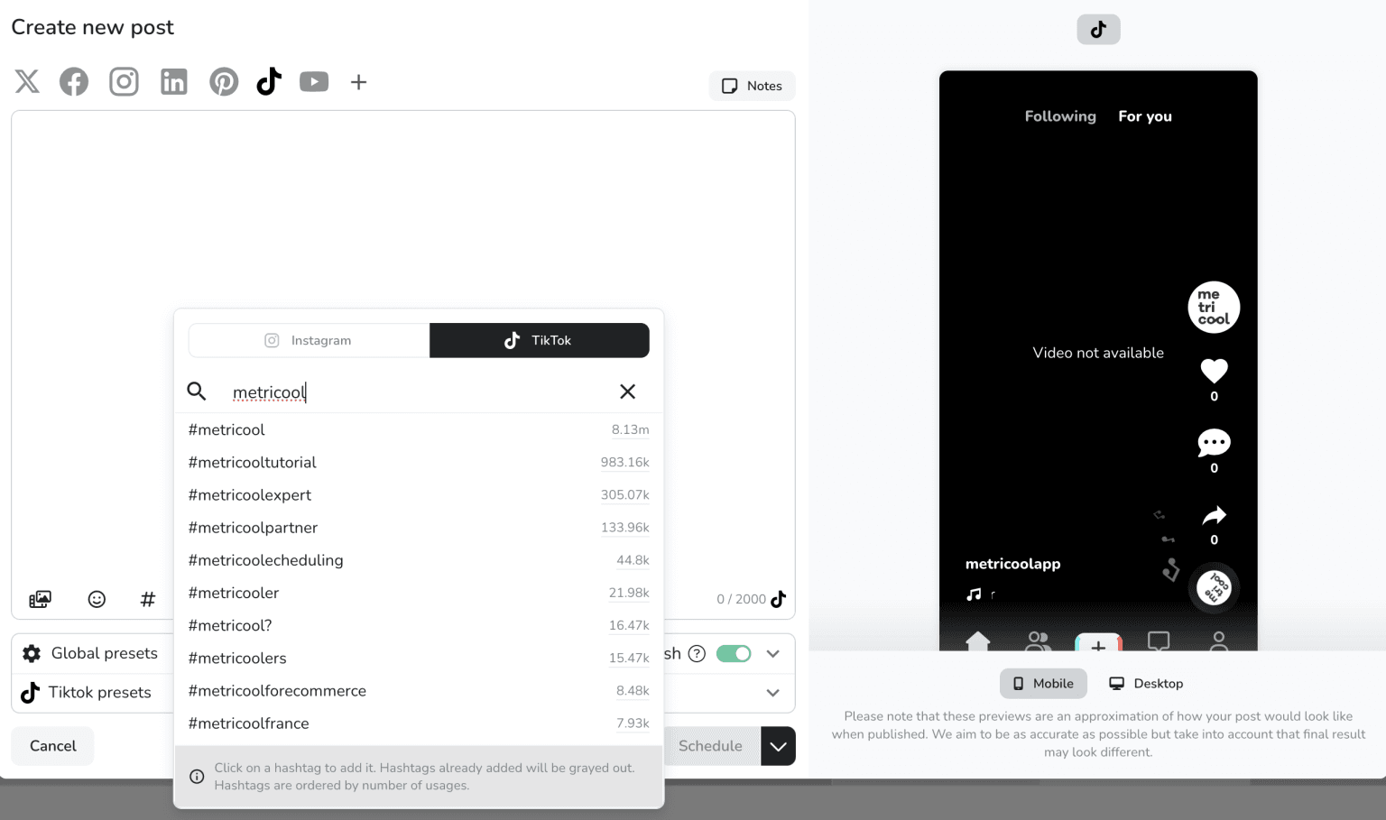 Metricool's TikTok Hashtag Generator
