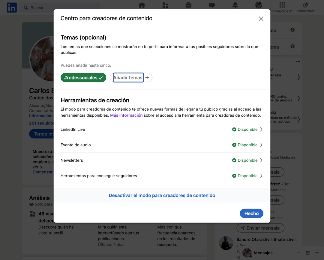 Activa el modo creador de contenido en LinkedIn